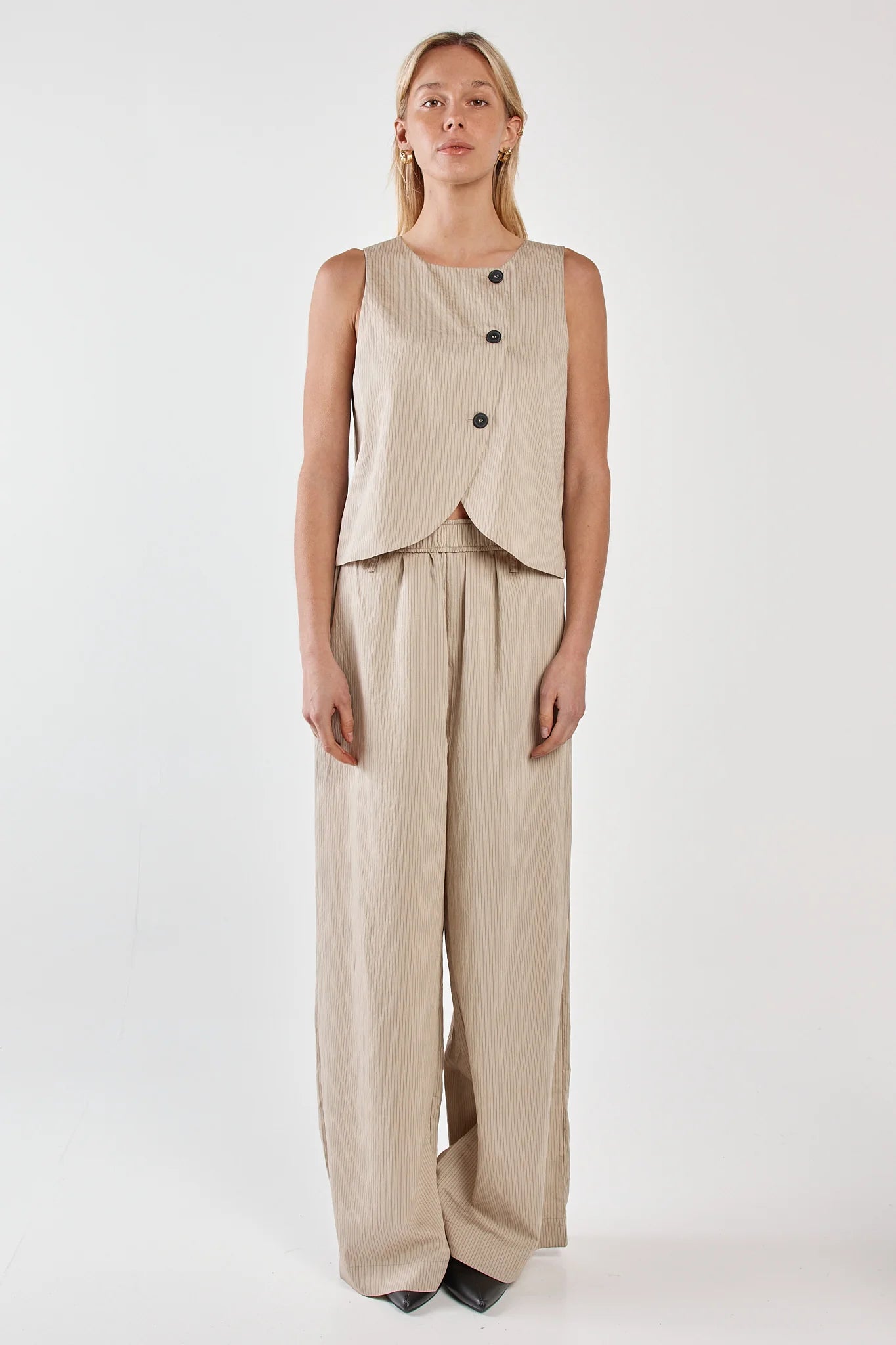 Sass Renee Button Wrap Vest | Beige Black Stripe – Lizzy's This n That